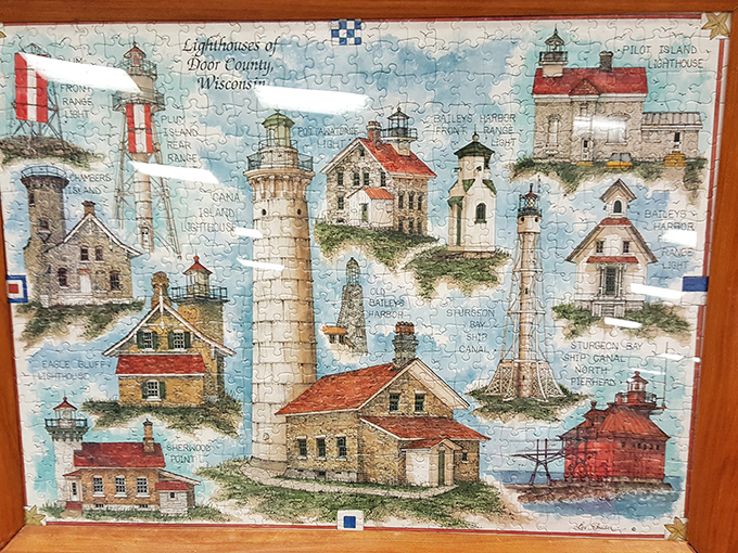 Someone's half-finished Door County lighthouse puzzle awaits its completion in your living room&mdash;Wisconsin nostalgia at thrift store prices.