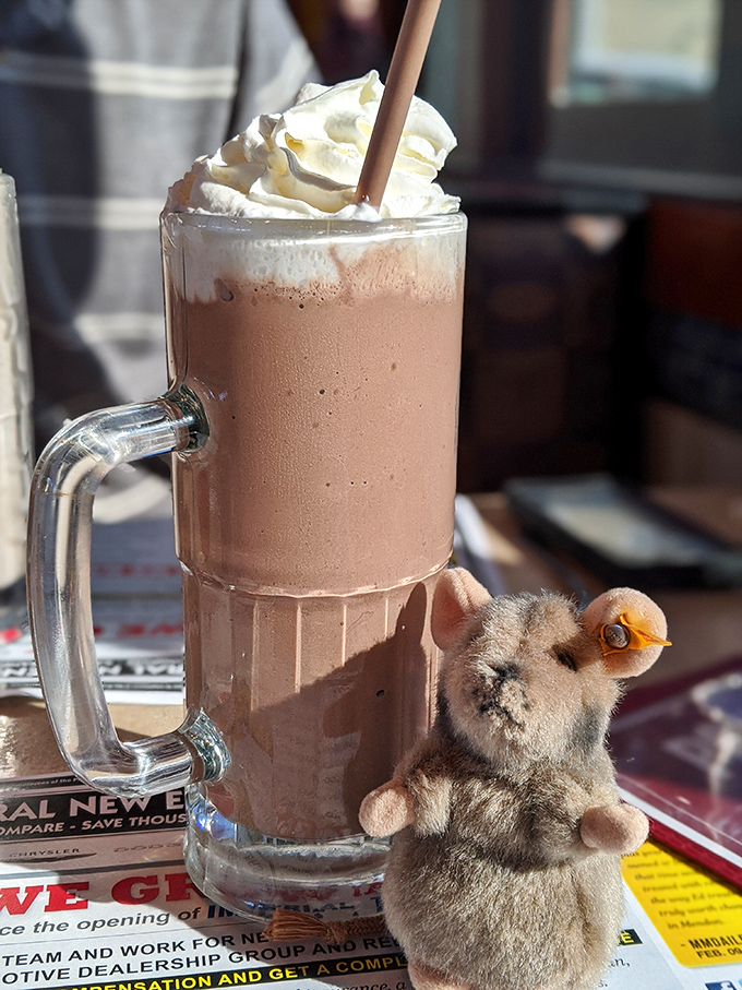 Chocolate frappe meets whipped cream mountain with a stuffed animal friend. Childhood nostalgia served in a frosty mug.