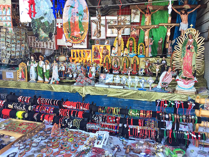 Faith finds expression in vibrant displays. Religious iconography meets folk art in this colorful testament to California's multicultural heritage.