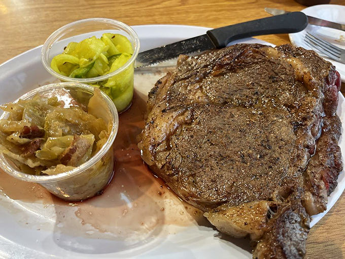 A steak that commands respect, flanked by pickle relish and caramelized onions &ndash; the culinary equivalent of a heavyweight with sophisticated friends.