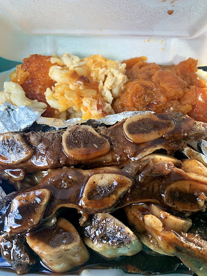 Mushrooms and gravy over what appears to be salisbury steak, with sides that don't play second fiddle. This is how you turn Tuesday into a celebration.