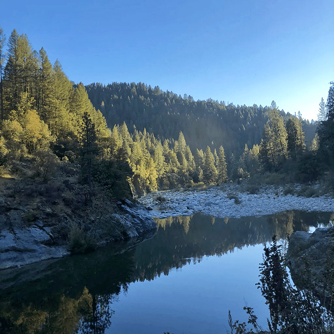 The Yuba River's crystal waters flow beneath towering pines, creating swimming holes that rival any resort pool&mdash;minus the chlorine and cocktail service.
