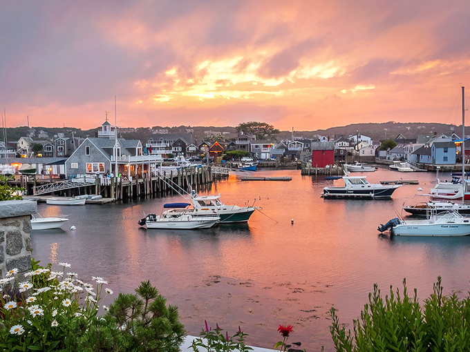 Rockport Harbor at dusk paints the sky in colors that make your phone's camera weep with inadequacy.