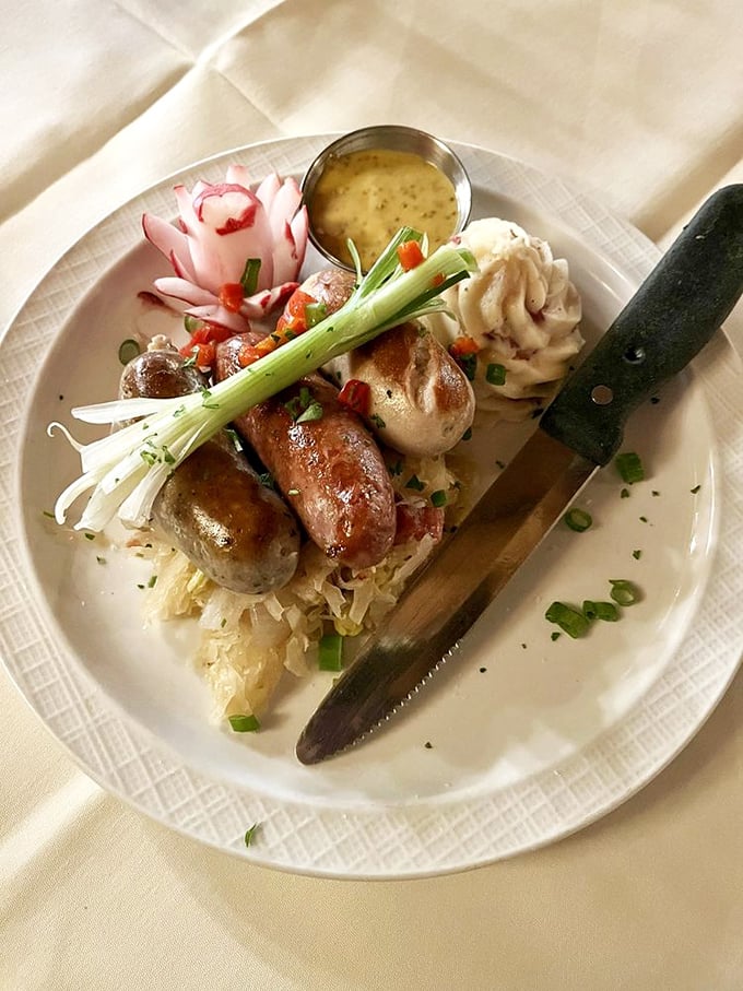 The sausage platter arrives like a carnivore's dream team, each link competing for the title of "Most Likely to Induce Food Euphoria."