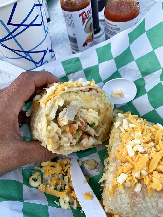 A seafood burrito that's practically bursting at the seams &ndash; like your favorite aunt who always overpacks for weekend trips but brings exactly what you need.