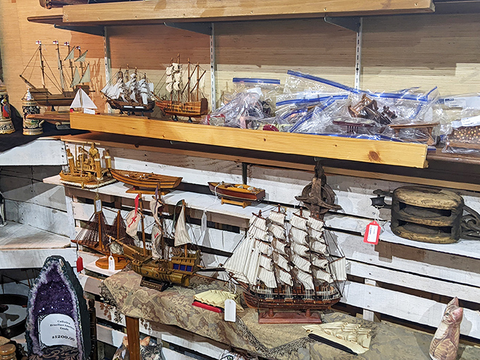 A fleet of miniature wooden ships ready to sail across imaginary seas. Each meticulously crafted vessel represents countless hours of patience and craftsmanship.