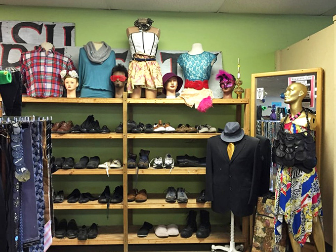 Mannequins sporting eclectic outfits preside over shelves of shoes, like fashionable sentinels guarding footwear treasures from every decade.