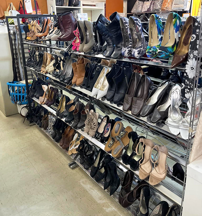 Shoe paradise where Cinderella would spend hours. From practical flats to party heels, each pair awaits its second dance.