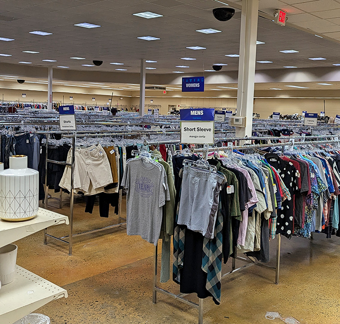 Men's and women's sections divided by aisle signs, because even thrift stores understand the importance of shopping boundaries.