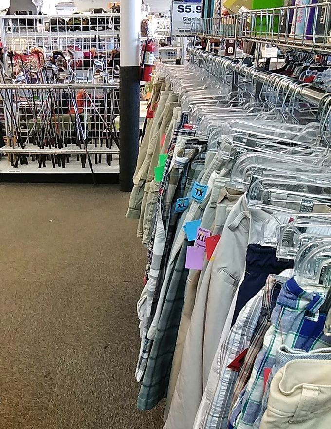 Organization is key at Sterling Goodwill, where clothing is arranged with military precision but priced with rummage sale generosity.