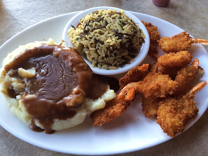 Breaded shrimp crowning a mountain of mashed potatoes&mdash;surf meets turf in the most delicious diplomatic summit ever.