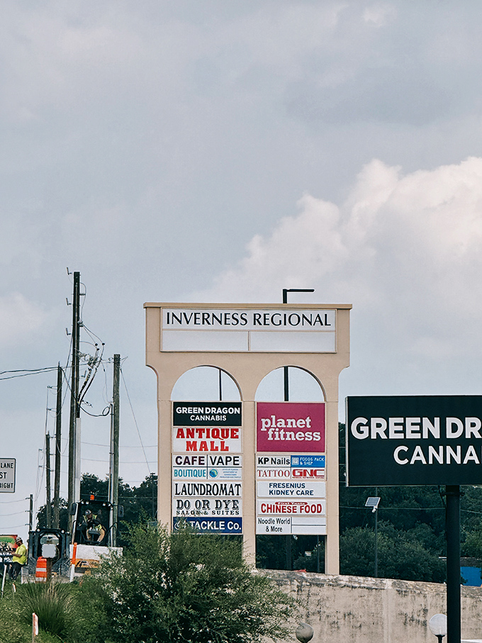 The mall anchors a community hub where antiques share billing with everyday necessities. In Florida, even the strip mall signs have a story to tell.
