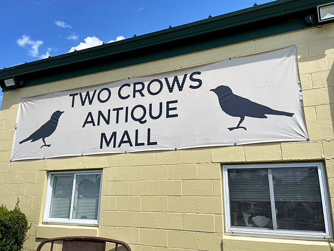 The Two Crows banner announces your arrival to treasure-hunting paradise. Those silhouetted birds know what you're about to discover.