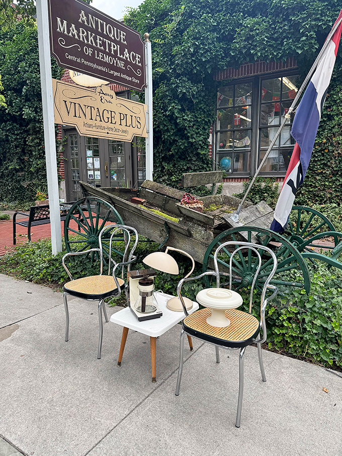 The sidewalk display—where yesterday's patio furniture becomes tomorrow's conversation piece, complete with authentic vintage patina.