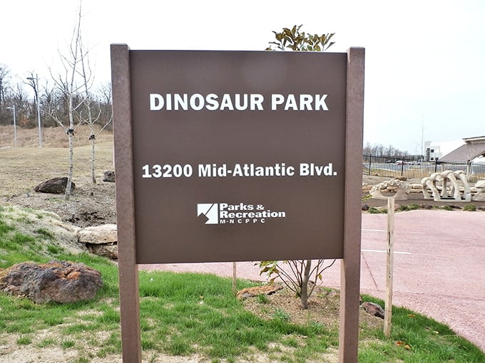 The official park sign marks this unassuming spot as one of the East Coast's most significant paleontological sites. Address included, time machine not.