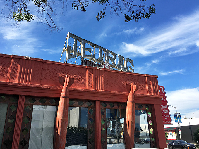 The iconic Jet Rag signage glows against the California sky, a beacon for fashion adventurers seeking one-of-a-kind style statements.