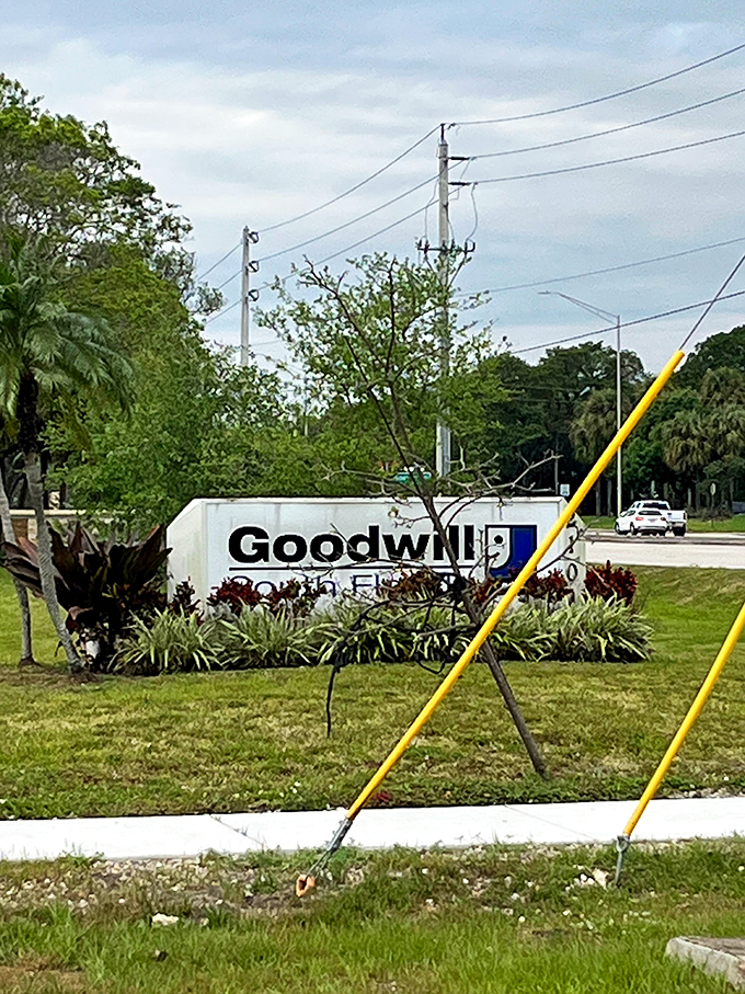 Nature meets thrift store magic. The Goodwill sign stands proudly among Florida greenery, a landmark for the budget-conscious and environmentally mindful.
