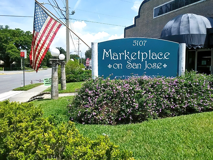 The teal sign announces your arrival at vintage paradise. Flowering shrubs and American flag create the perfect Florida welcome for what lies beyond.