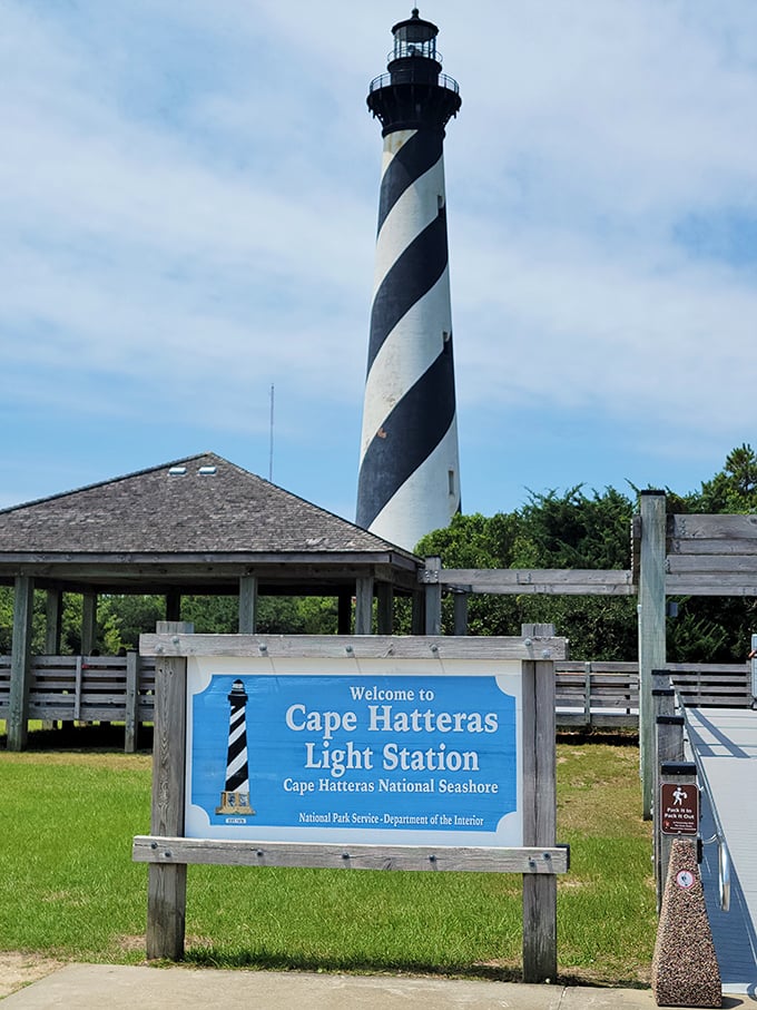 The welcome sign greets adventurers to Cape Hatteras Light Station, where the National Park Service preserves this piece of American maritime heritage.