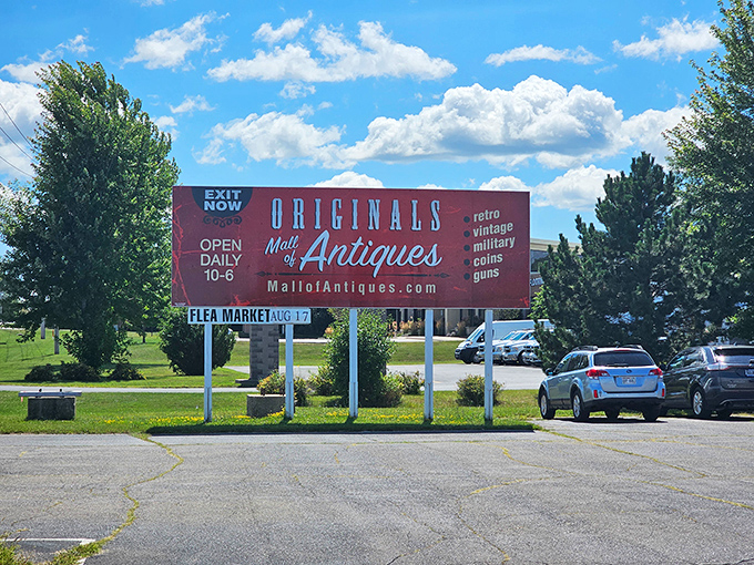 The roadside sign promises daily treasure hunting from 10-5, with specialties that'll empty your wallet and fill your heart.