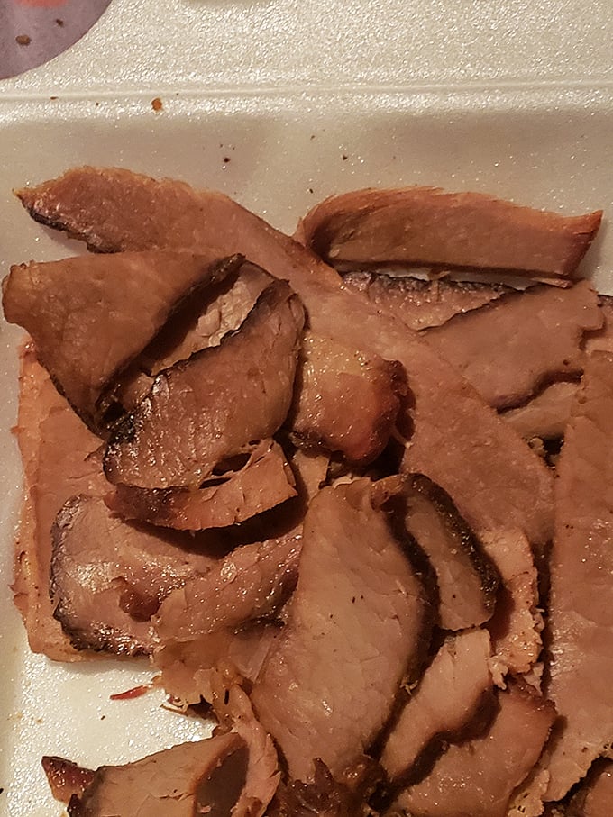 Sliced brisket with that telltale pink smoke ring&mdash;proof that while Memphis is pork country, they respect beef traditions too.