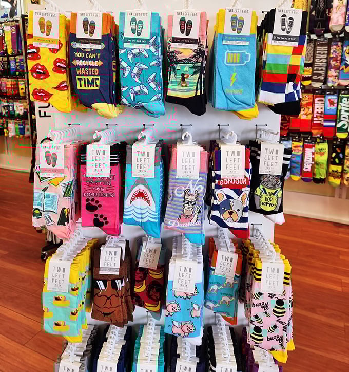 Personality on display! These whimsical socks transform boring feet into conversation pieces, because life's too short for plain hosiery when sharks and flamingos are available.