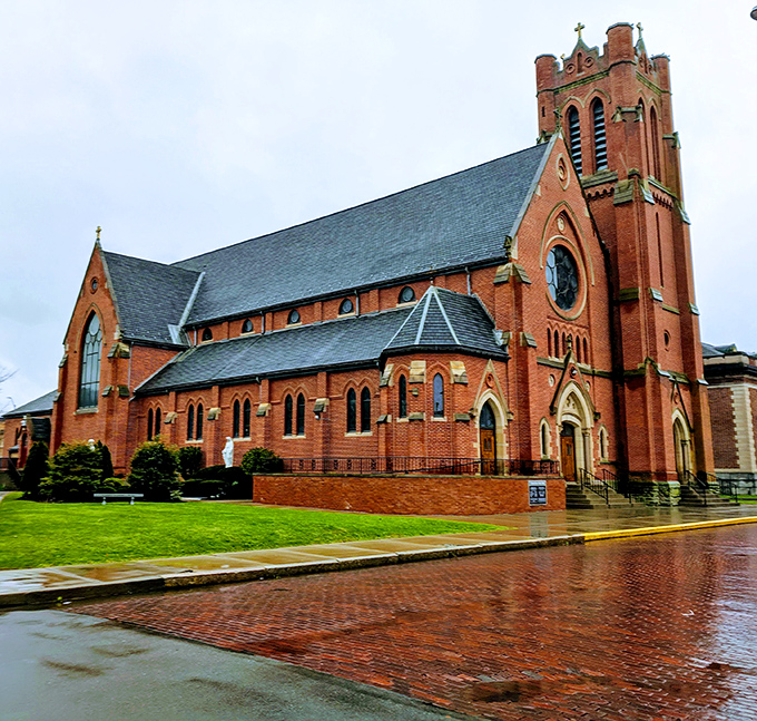 Beautiful church architecture that rises gracefully against the sky, showcasing the craftsmanship and community pride that built this town generations ago.