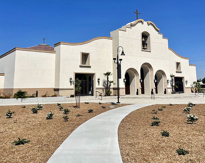 St. Charles Catholic Church's mission-inspired design creates a spiritual oasis where contemporary worshippers connect with California's past.