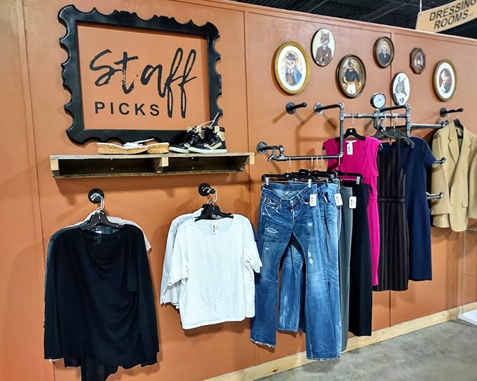 The "Staff Picks" wall&mdash;where thrift store connoisseurs curate their favorite finds like sommeliers recommending the perfect vintage.