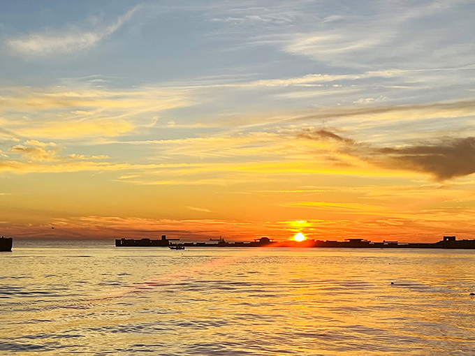 Mother Nature showing off at sunset, painting the sky in shades that would make Monet jealous. Those concrete ships create the perfect silhouette.