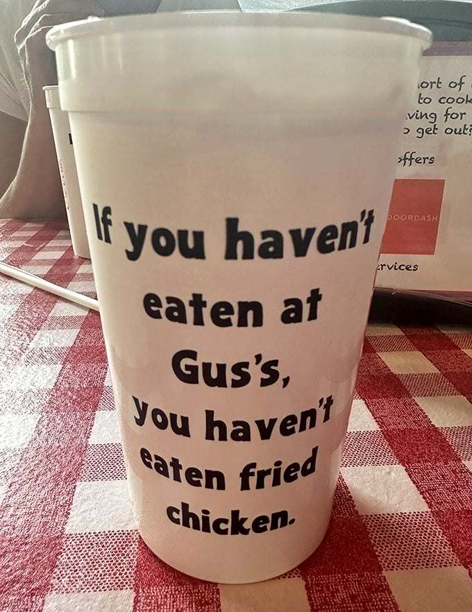 "If you haven't eaten at Gus's, you haven't eaten fried chicken." Bold claim on a cup, but after one bite, you'll be nodding in agreement.