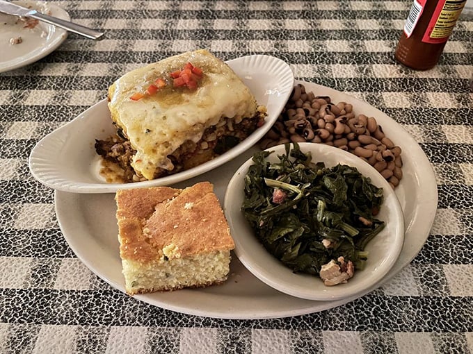 A Southern plate that tells a story with every bite &ndash; collard greens, black-eyed peas, and cornbread forming the perfect supporting cast.