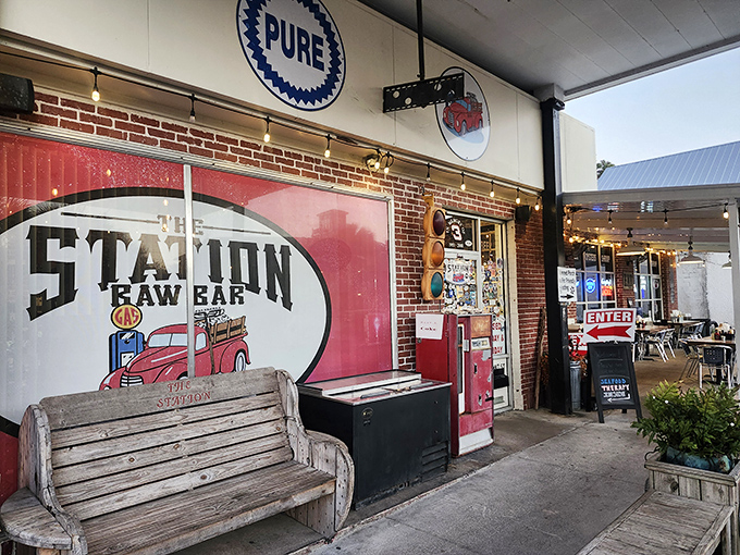 The Station Raw Bar's vintage gas pump and weathered bench say, "We were authentically retro before it was cool to be authentically retro."