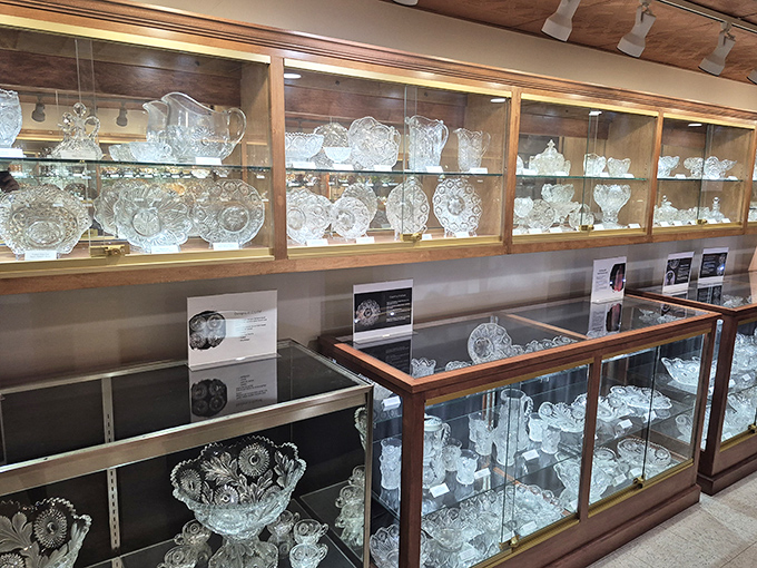This crystal collection gleams like treasure in a museum display, showcasing the craftsmanship that makes Holmes County famous beyond its borders.