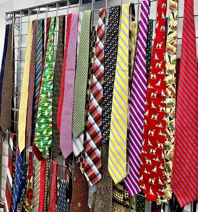 Tie collection that would make any corporate refugee weep with joy. That dog-patterned silk number? Perfect for making a statement at your next Zoom meeting.