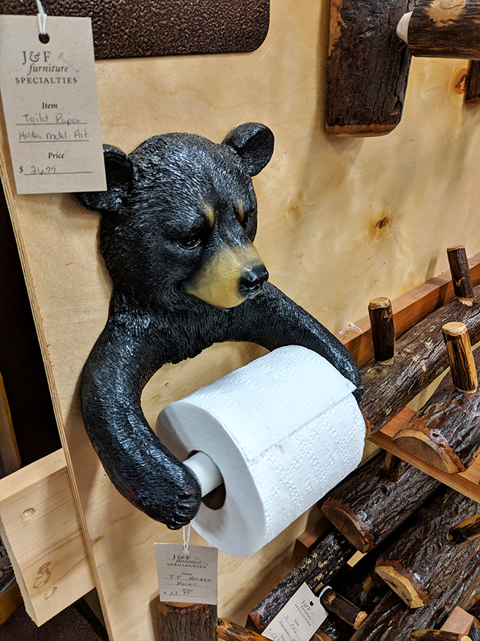 The bear necessities of bathroom decor! This woodland toilet paper holder brings a touch of forest humor to life's most private moments. 