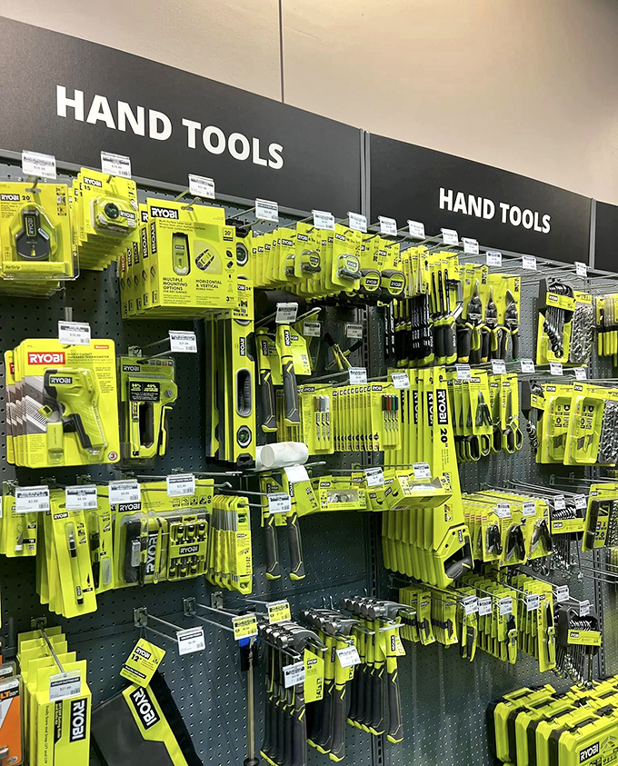 The Ryobi wall&mdash;a lime green dreamscape for DIY enthusiasts. Where weekend warriors arm themselves for battle against household projects at outlet prices.