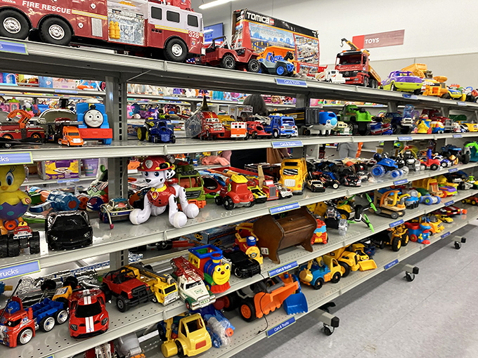 Toy trucks, trains, and treasures line the shelves like a museum of childhood joy waiting to be rediscovered.