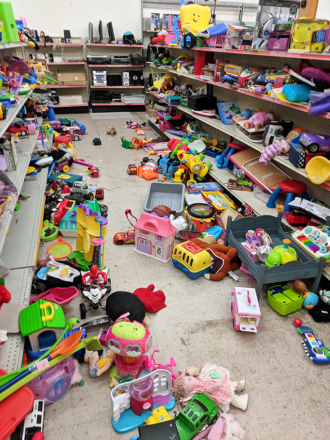 The toy section looks like what happens when a kindergarten class hits a sugar high &ndash; chaotic, colorful, and full of plastic possibilities.