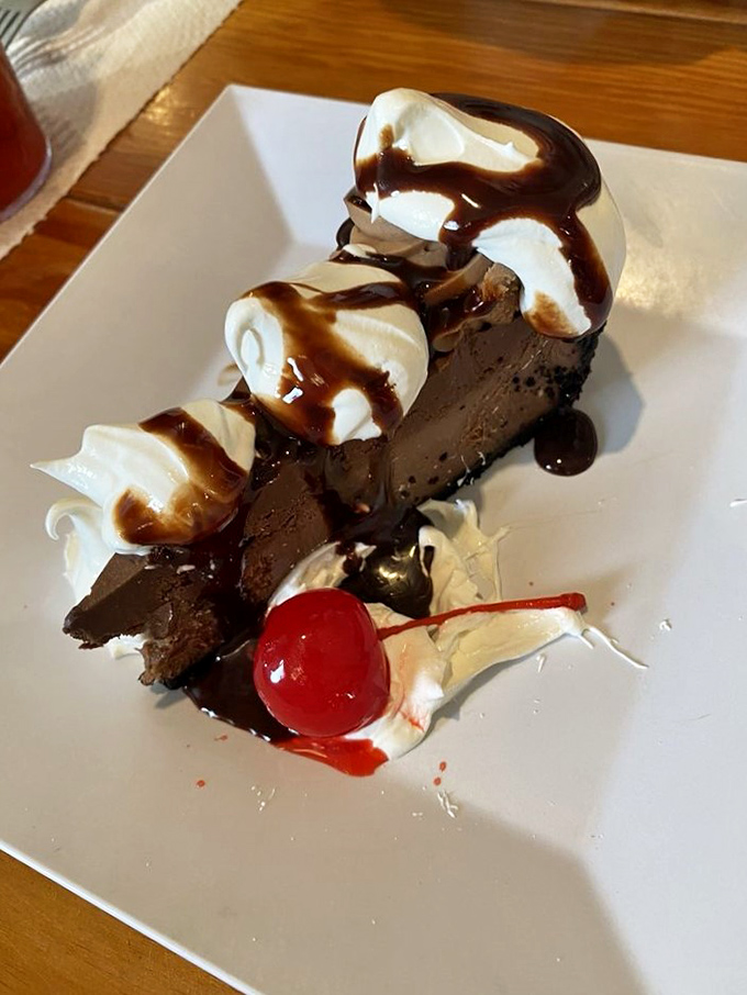 Chocolate turtle cheesecake that makes you momentarily forget you came for seafood&mdash;until you remember you can have both.