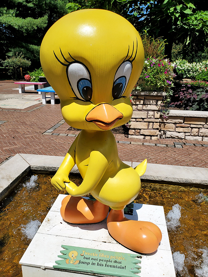 Tweety Bird stands guard over his fountain with a stern warning&mdash;apparently even cartoon characters need personal space in this whimsical garden.