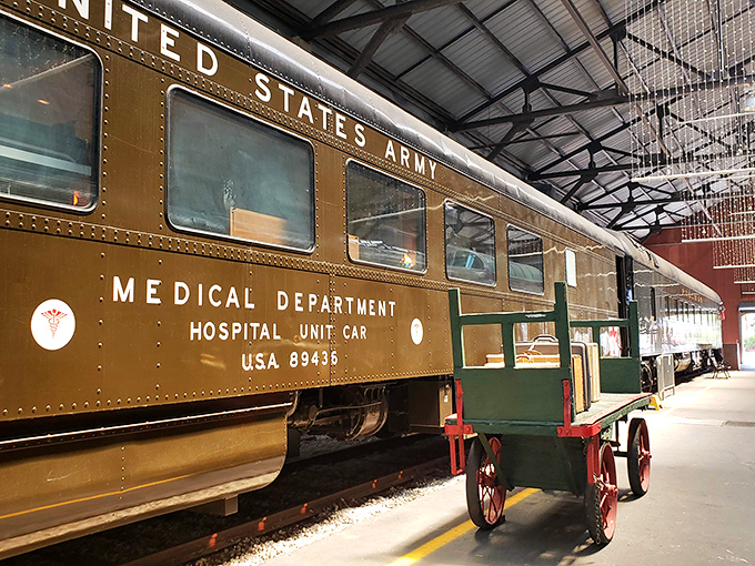 The U.S. Army Hospital Unit Car stands as a powerful reminder of how railroads served during wartime, bringing medical care wherever the tracks led.