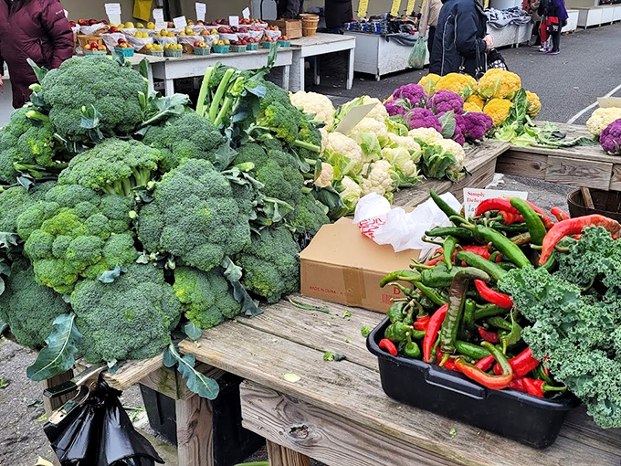 Nature's color palette explodes across this produce stand. These vegetables didn't travel across continents—they journeyed from nearby fields.