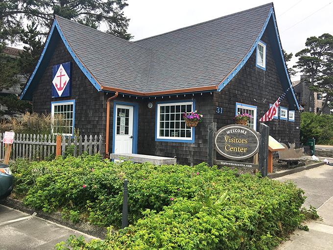 The Visitors Center looks like it belongs in a fairy tale, with its pitched roof and blue trim&mdash;a fitting gateway to Manzanita's storybook charm.