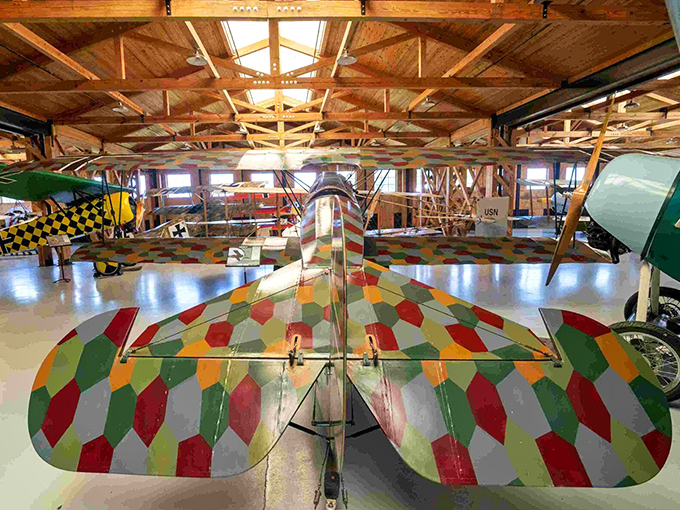 This colorful WWI aircraft sports the distinctive "lozenge camouflage" pattern that helped these fragile machines blend with the sky.