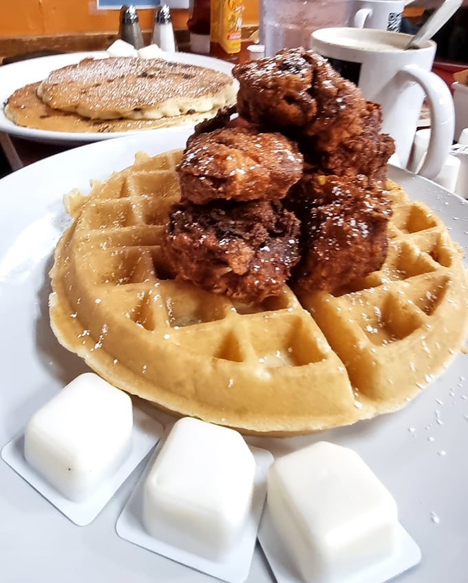 Chicken and waffles: the breakfast equivalent of a power couple, where sweet meets savory in a relationship that actually works.