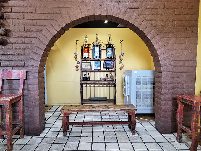 Brick archways frame the path to satisfaction, like entering a temple dedicated to the worship of perfectly seasoned beans.