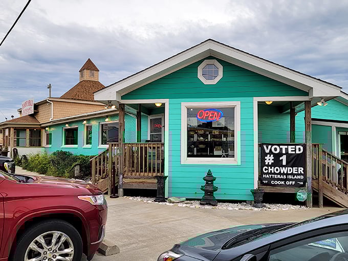 Waterman's Grill's turquoise facade isn't just a building&mdash;it's an invitation to seafood paradise. That "Voted #1 Chowder" sign isn't just bragging, it's a promise.