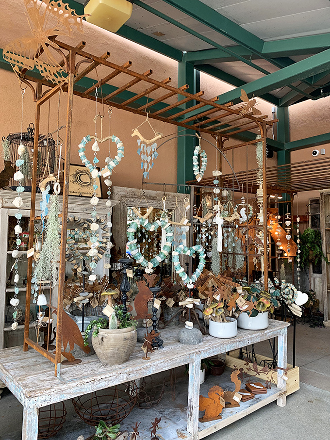 Coastal-inspired wind chimes and handcrafted decorations create a symphony of textures. The perfect souvenirs from your San Diego adventure.