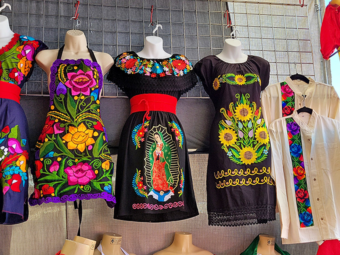 Vibrant Mexican dresses showcase intricate embroidery that tells stories in thread. Folk art you can wear, no passport required.